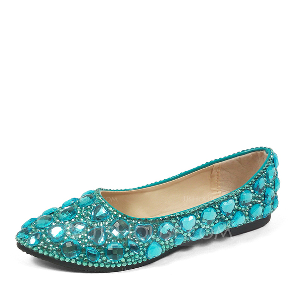 Women's Leatherette Flat Heel Closed Toe Flats With Rhinestone ...