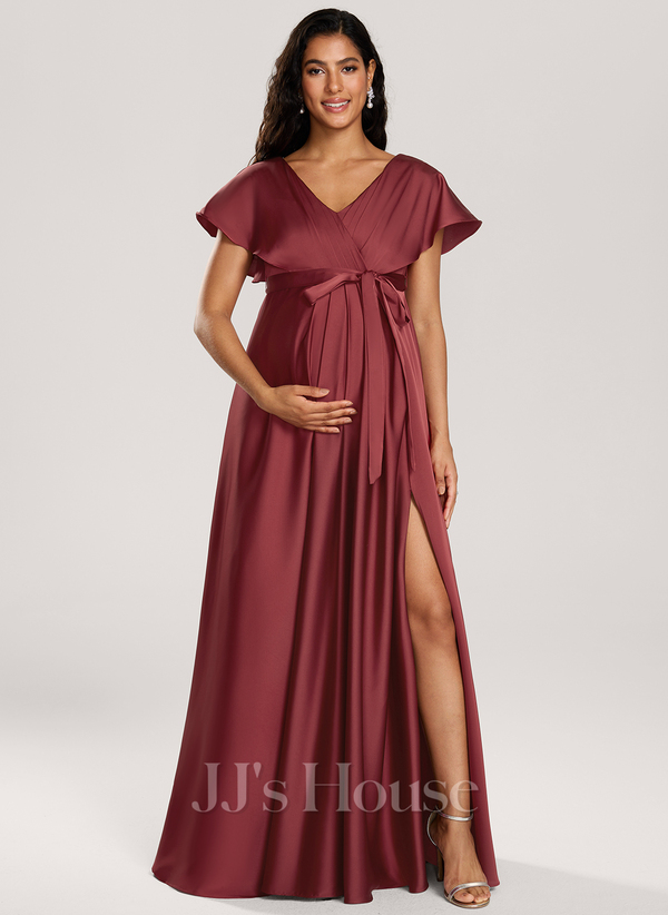 Beri A-line Ruffle Matte Satin Maternity Bridesmaid Dress | JJ's House