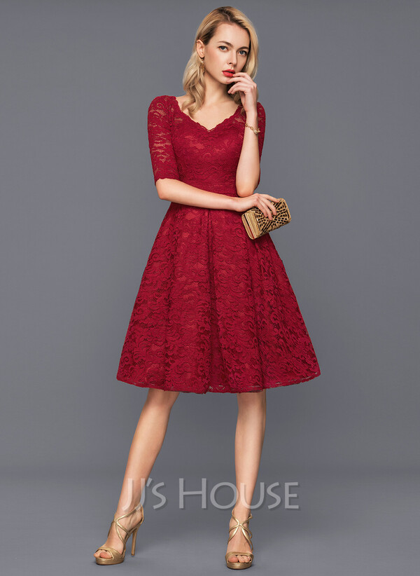 V-neck Knee-Length Lace Cocktail Dress (270194032) - JJ's House