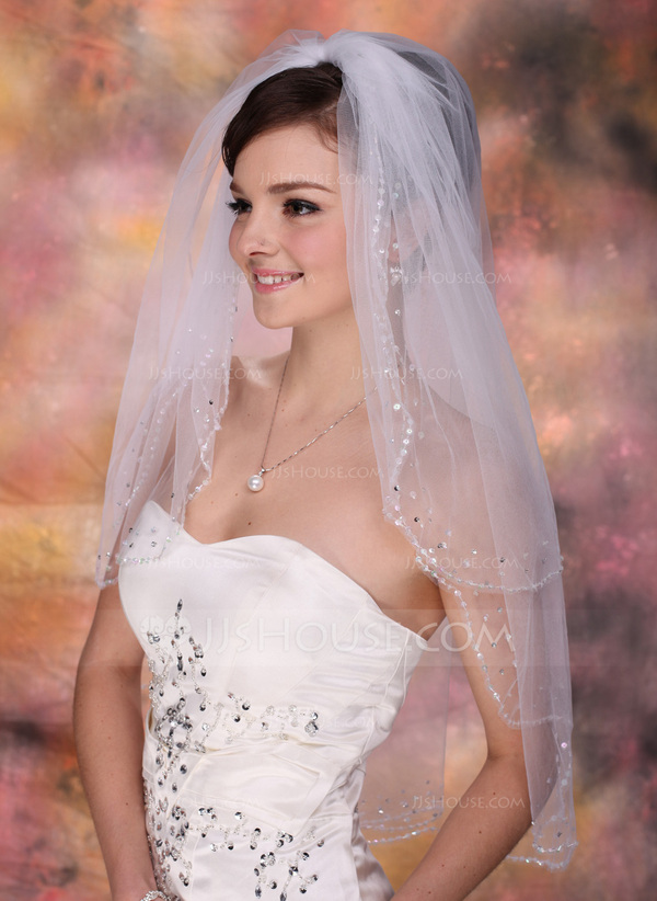 Two-tier Elbow Bridal Veils With Beaded Edge (006003756) - JJ's House