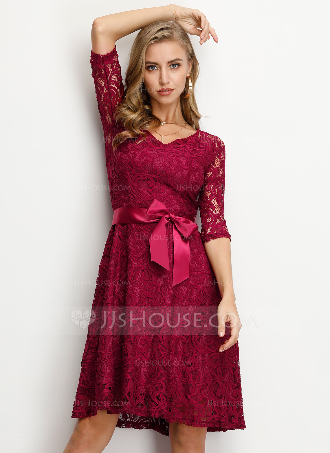 A-Line V-neck Knee-Length Lace Cocktail Dress With Bow(s) (016204859 ...